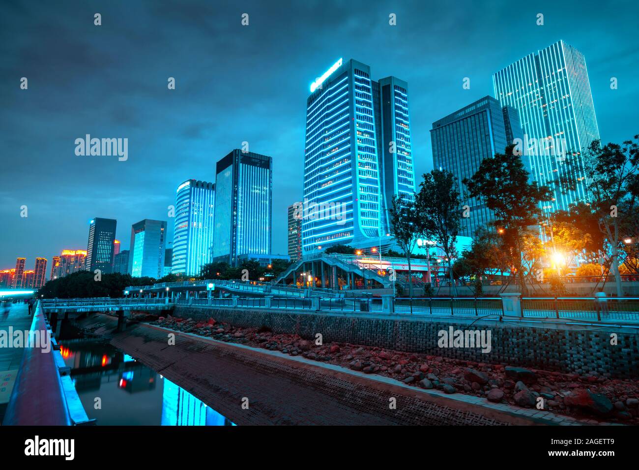 Modern city skyline, Fuzhou, China at night Stock Photo - Alamy