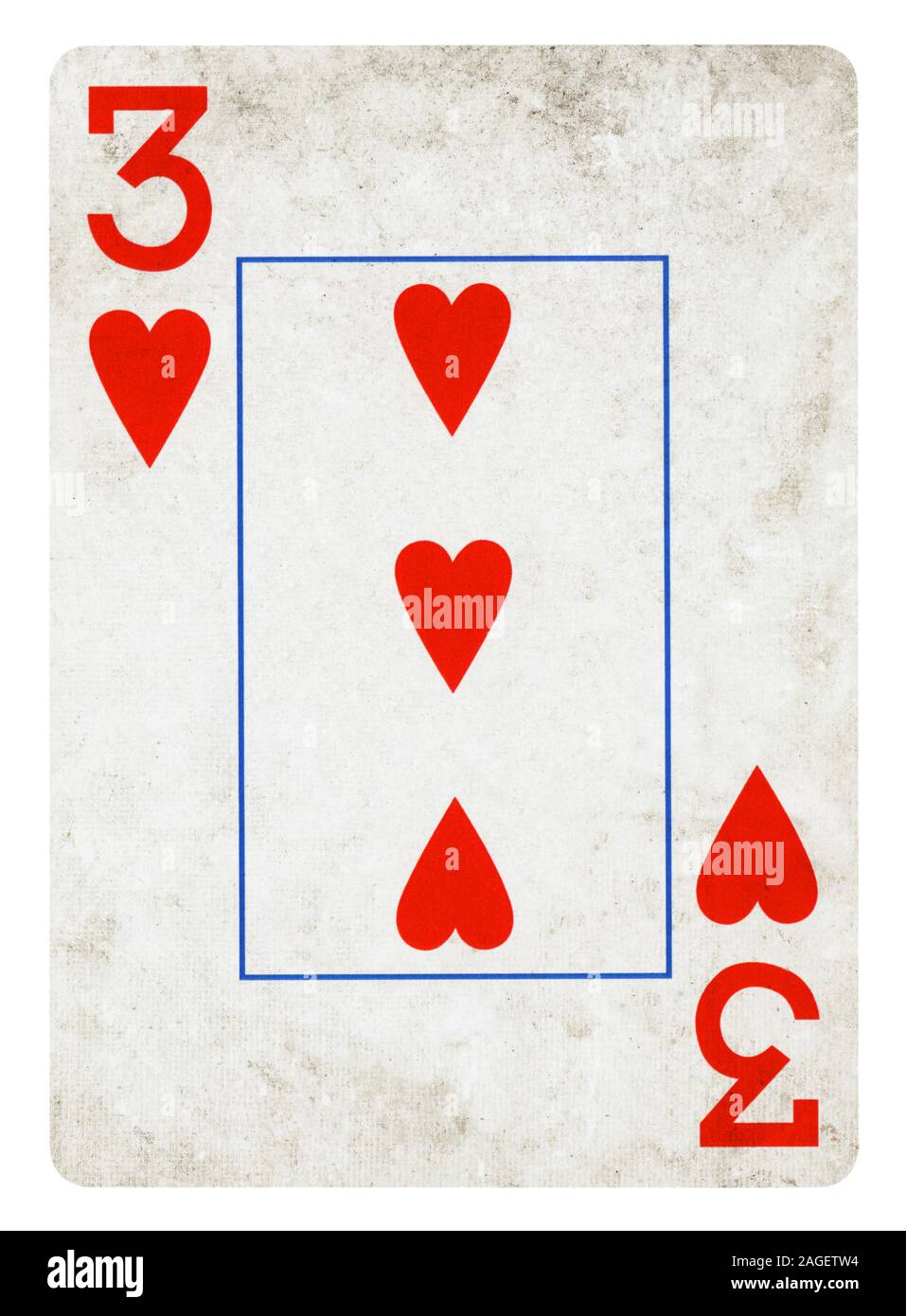 Three of Hearts Vintage playing card - isolated on white (clipping path ...