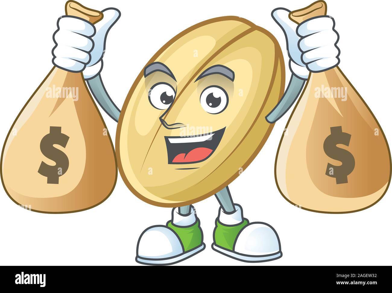 Happy split bean cartoon character with two money bags Stock Vector ...