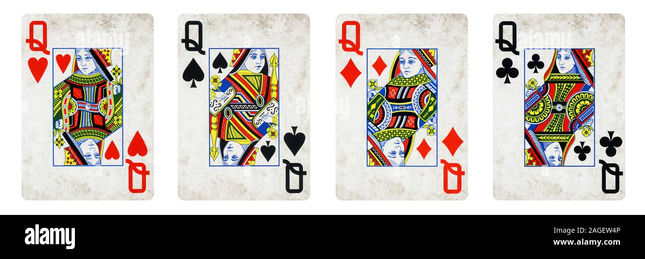 Four Queens Vintage Playing Cards - isolated on white Stock Photo - Alamy