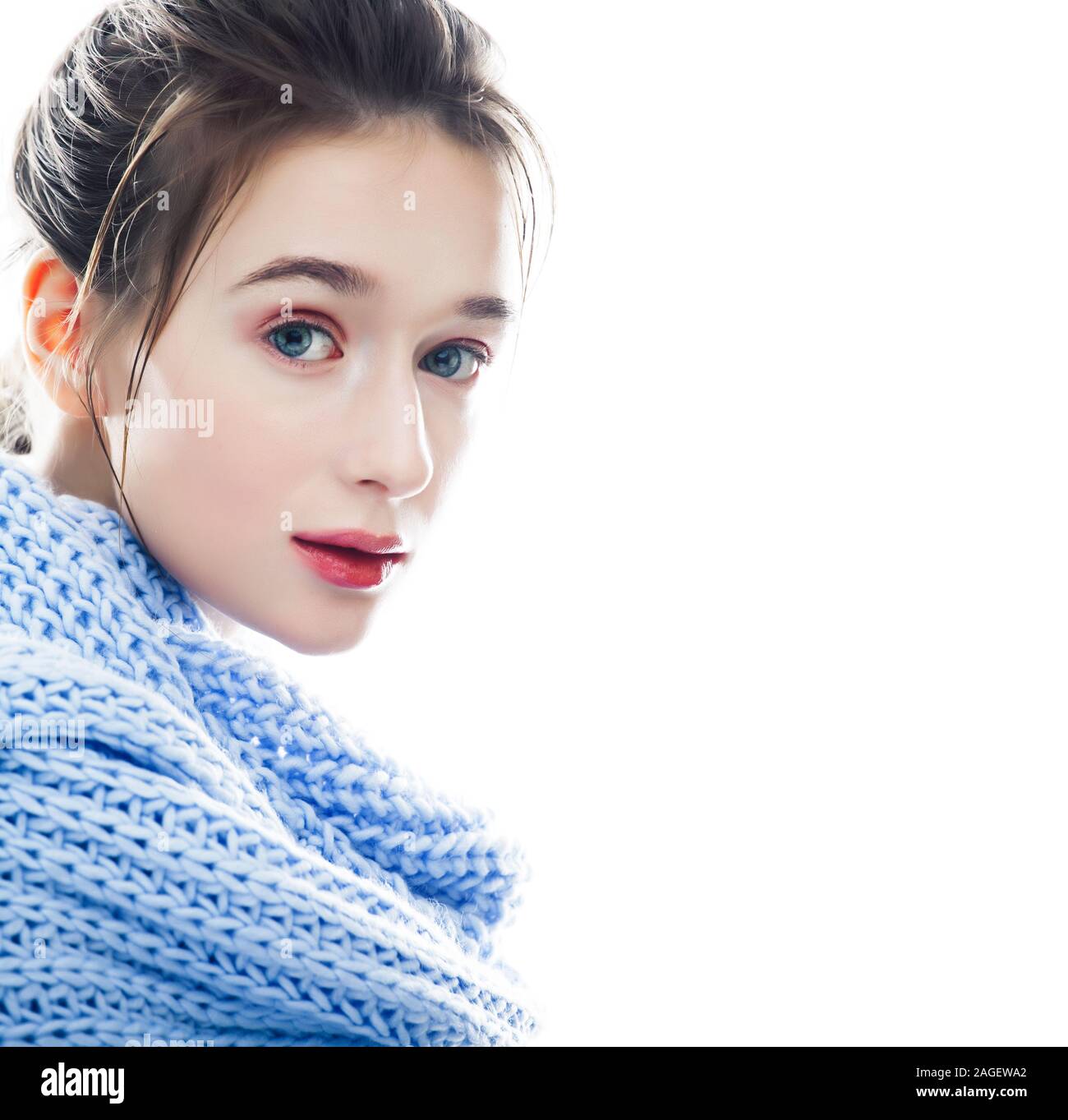 beauty young blond woman in scarf with weathered lips close up isolated ...