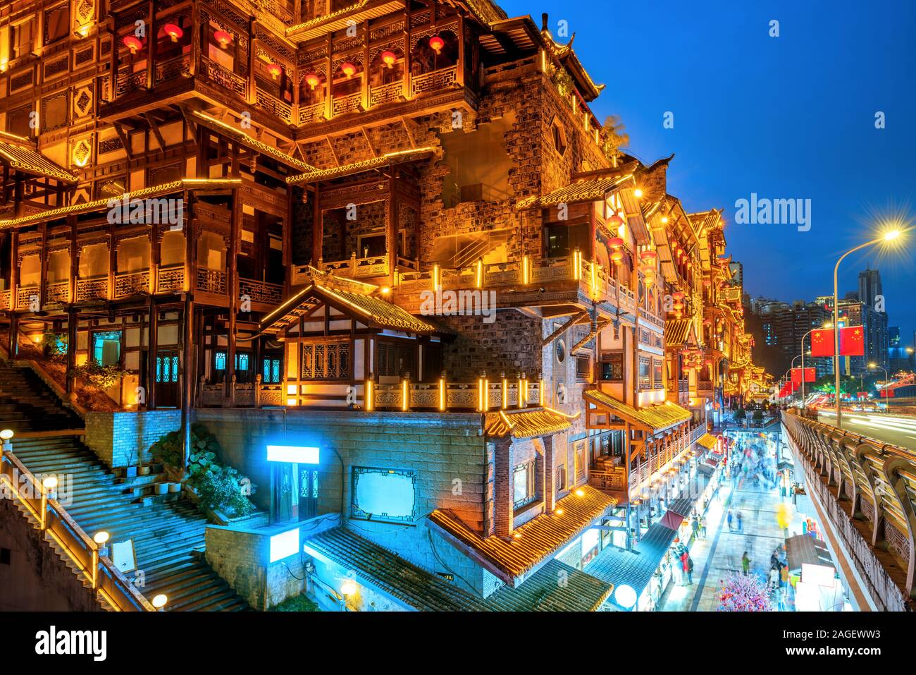 Nightscape of Hongyadong Ancient Town in Chongqing, China Stock Photo ...