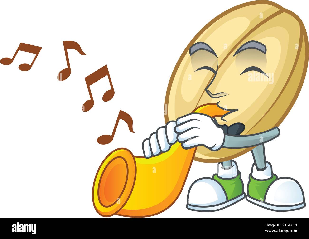 Cheerful split bean cartoon character performance with trumpet Stock ...