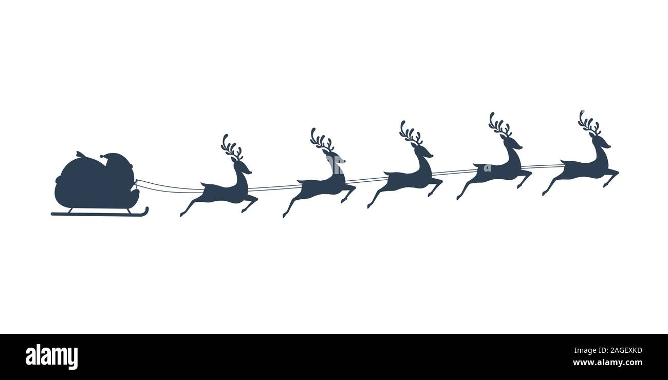 Silhouette of Chibi Santa Claus riding his sleigh with five reindeer ...