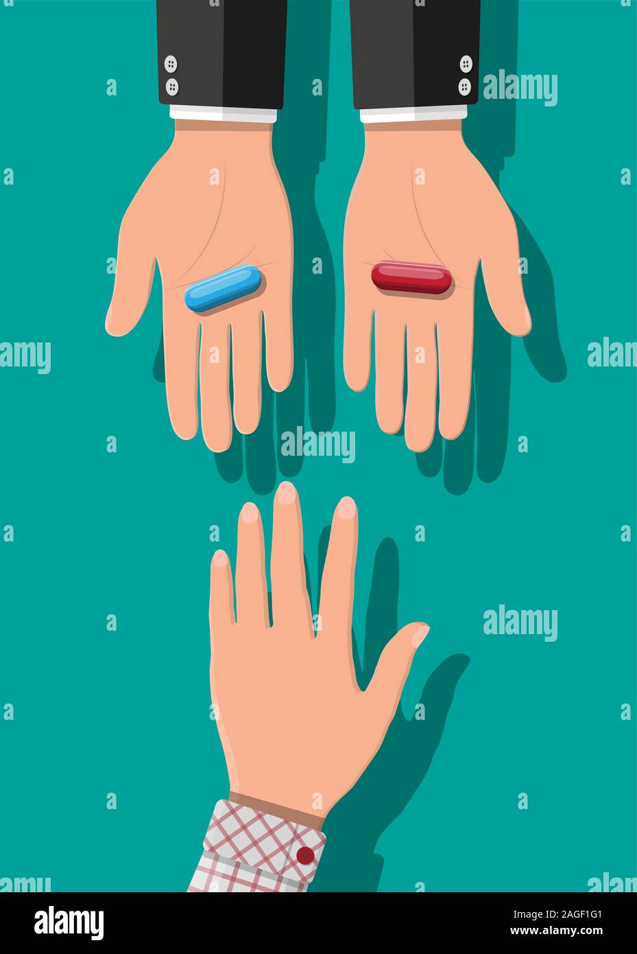 Hands with blue and red capsule pills. Choice or decision metaphor ...