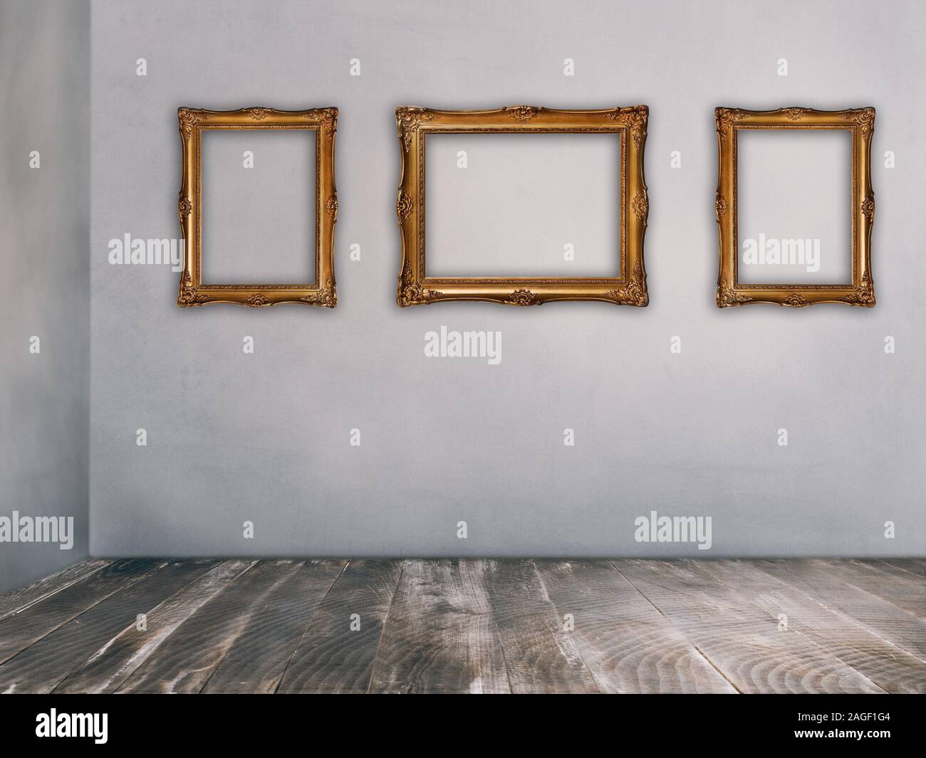 Luxury golden picture frames on rustic walls in vintage empty room ...