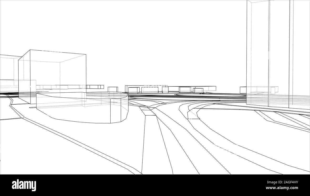 A schematic drawing or sketch of a 3D city with buildings and roads ...
