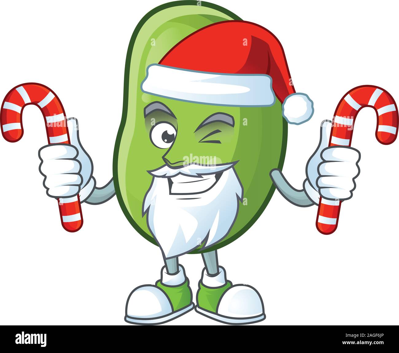 Green beans Cartoon character in Santa Claus with candy Stock Vector ...