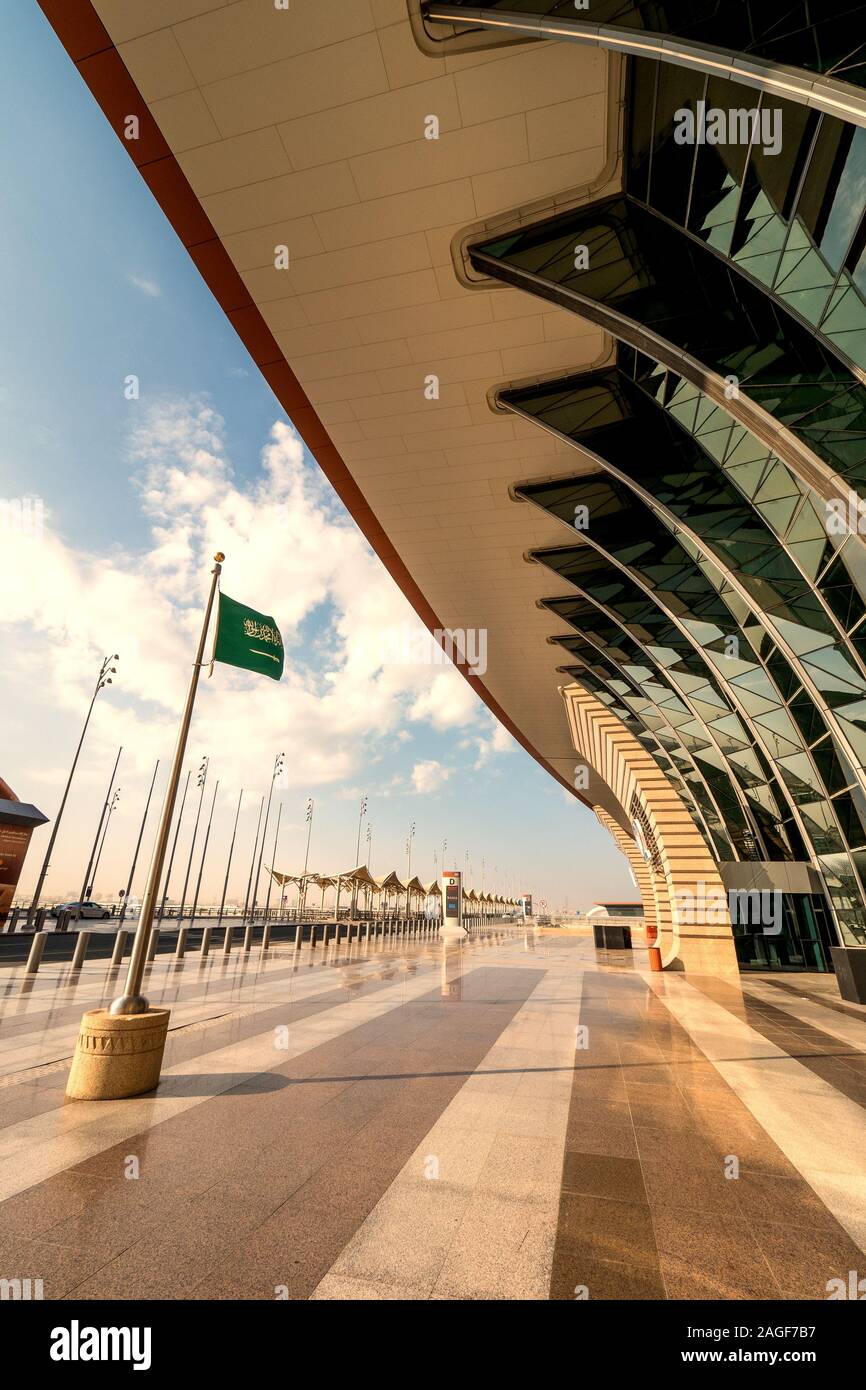 Saudi flag waving in the wind in front of the brand new Terminal 1 at ...