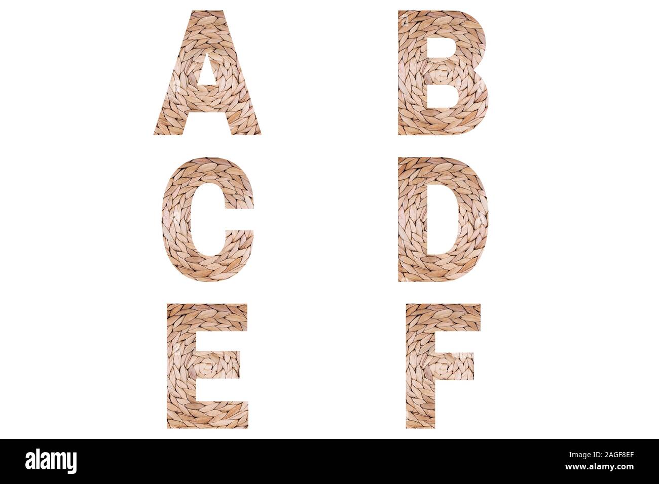 Wicker font Alphabet a, b, c, d, e, f made of natural wicker background ...