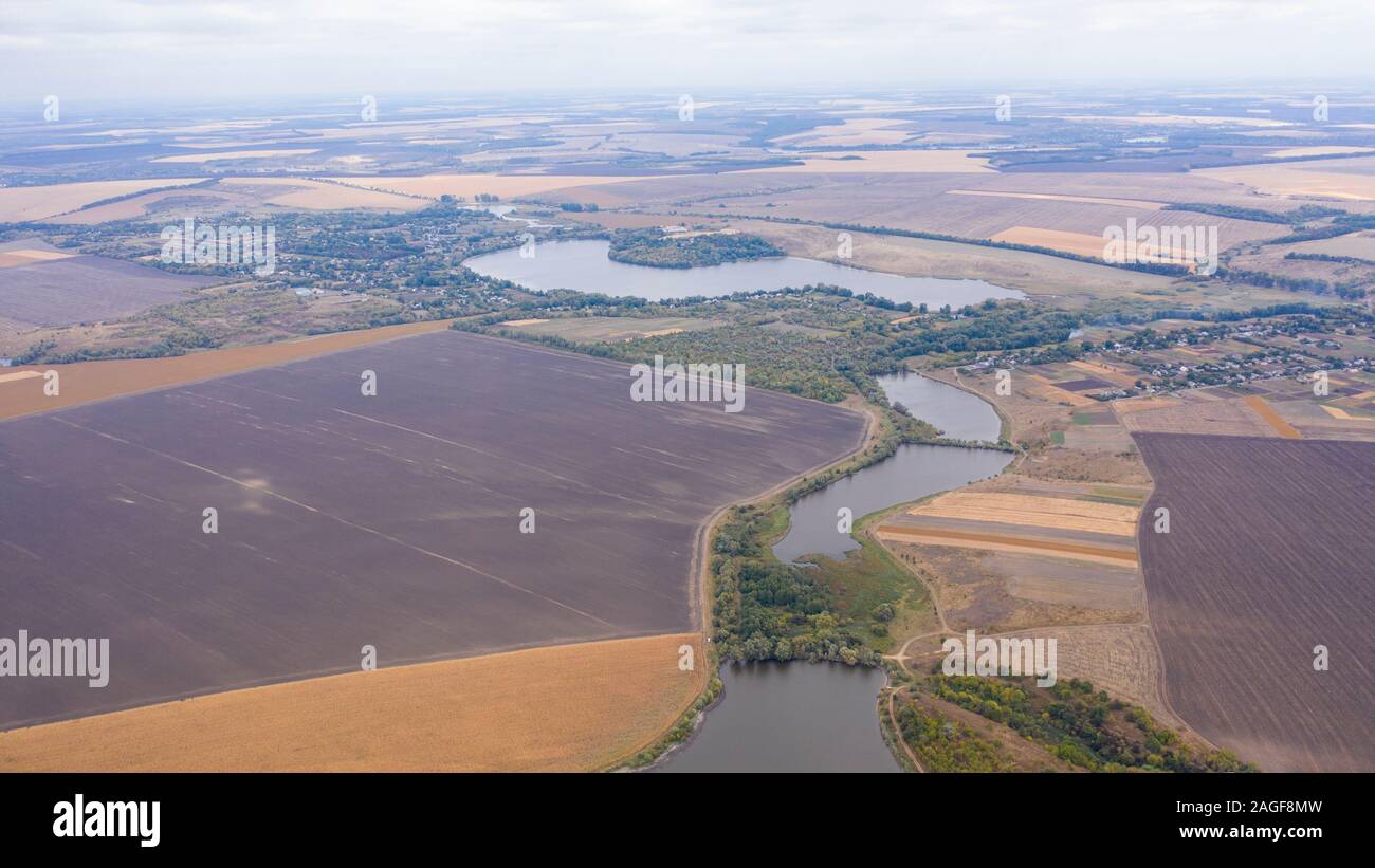 Drone view. Empty agricultural fields with the harvest Stock Photo - Alamy