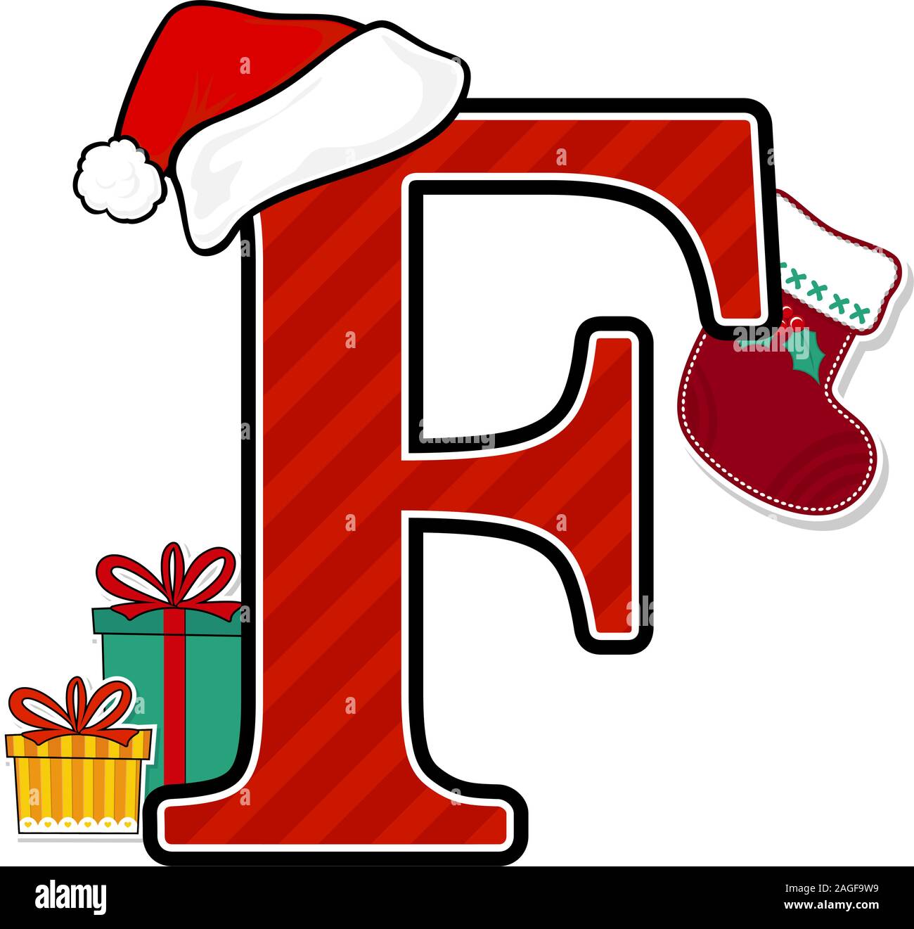 capital letter f with red santa's hat and christmas design elements ...