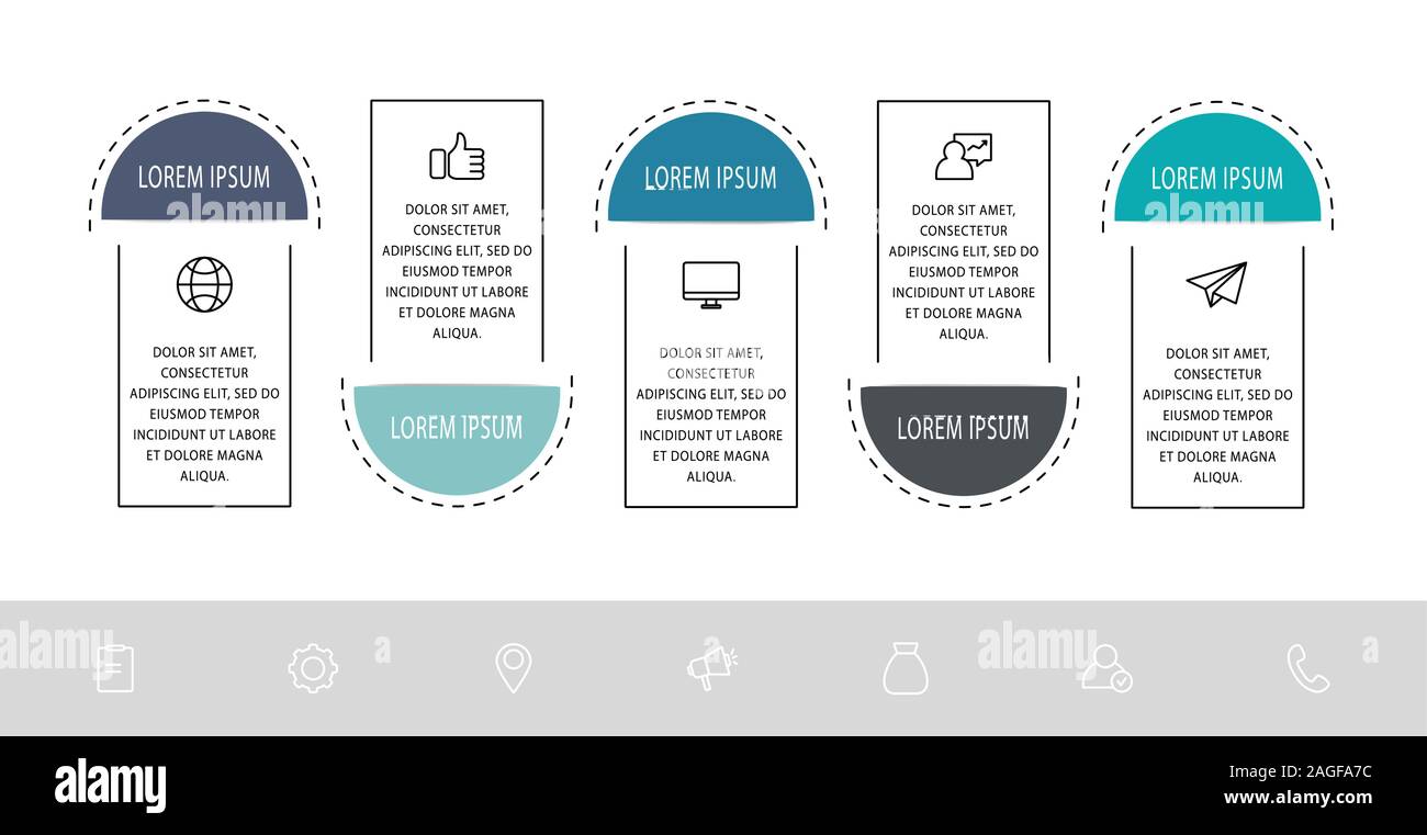 Vector infographic flat template. Shape with icons for five diagrams, graph, flowchart, timeline ...