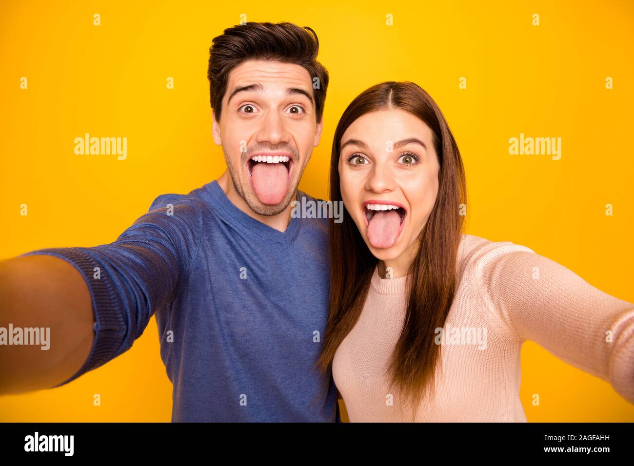 Close up photo of two people married students bloggers relax rest make ...