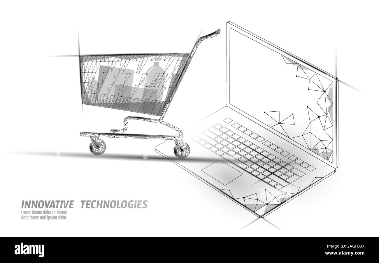 Shopping bag low poly design 3D. Online shop laptop trade market ...