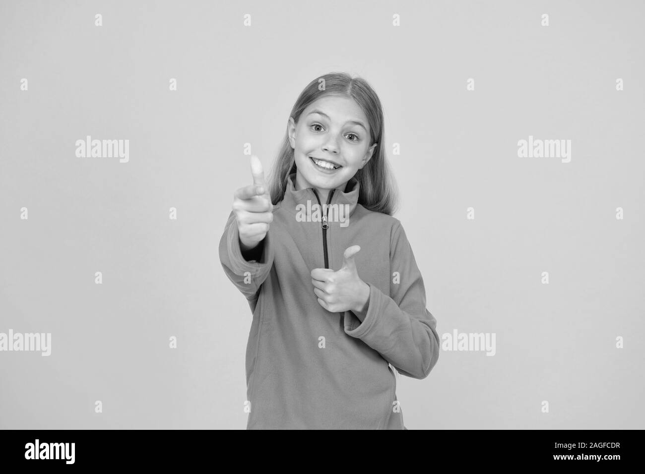 Good choice. Happy girl pointing gun hand gesture. Target and targeting ...