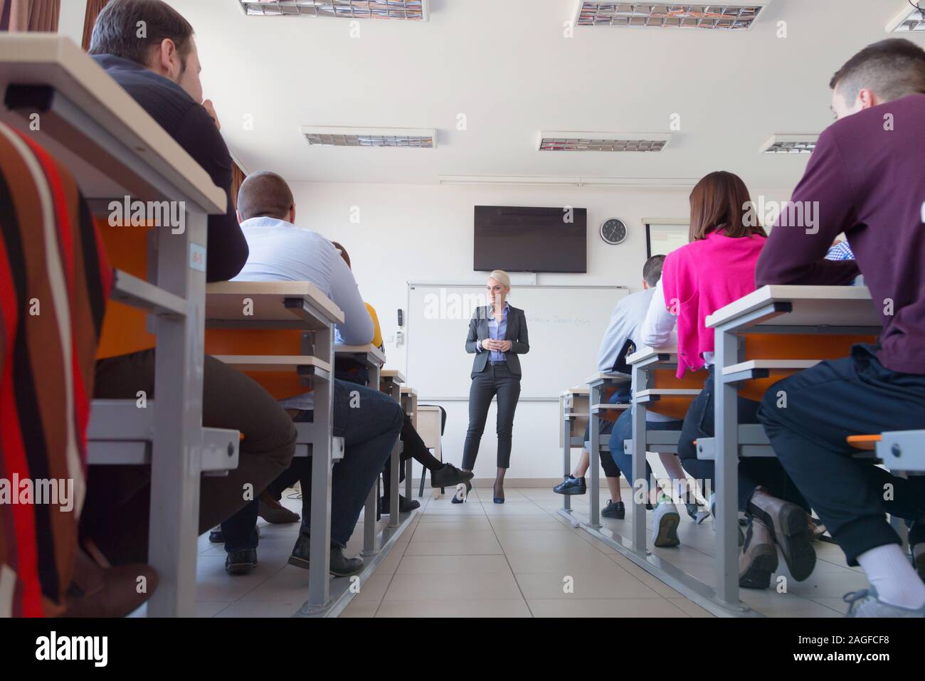 Female attractive professor explain lesson to students and interact ...