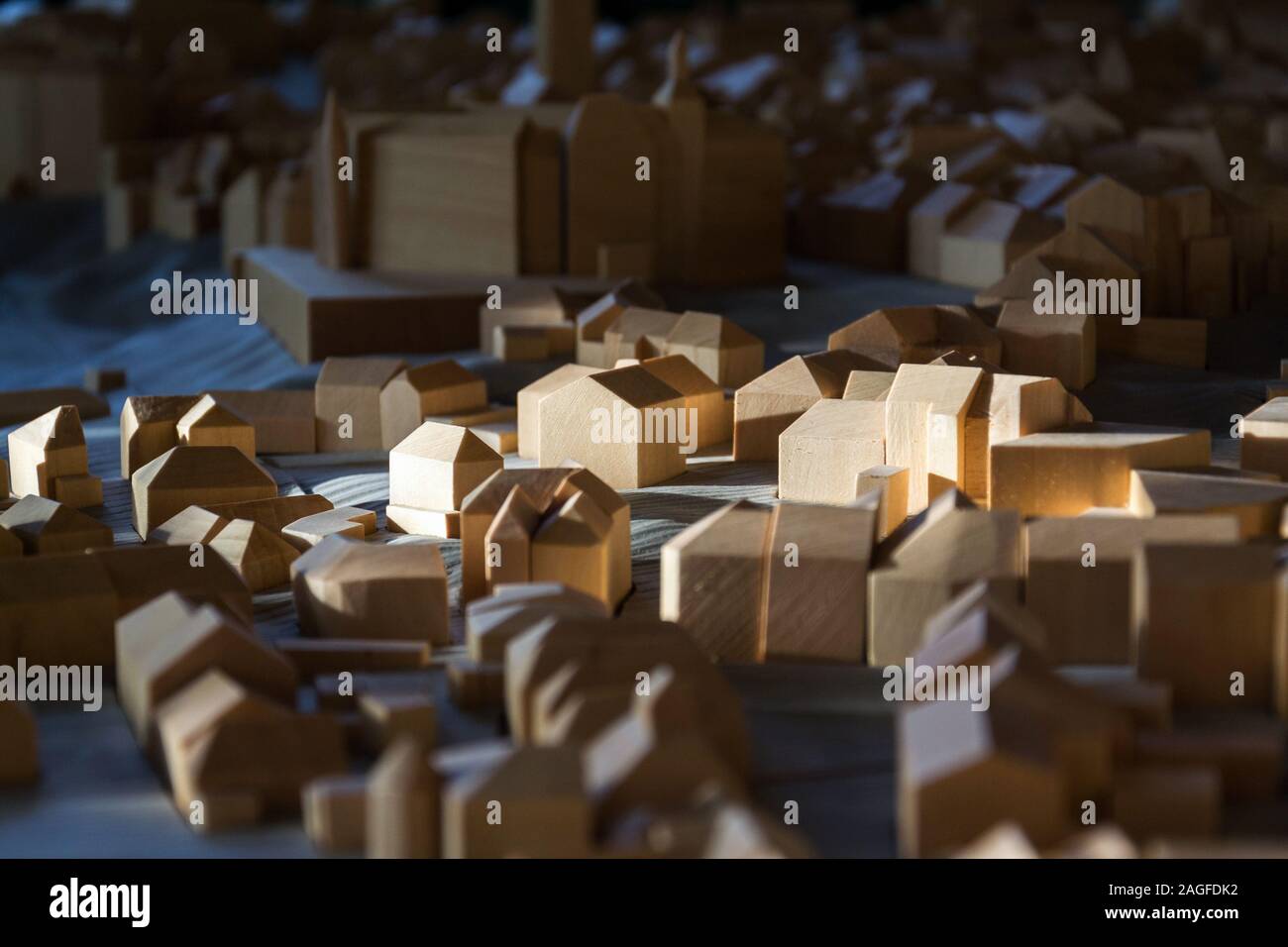 Model of town built from wooden building blocks, housing and urban ...