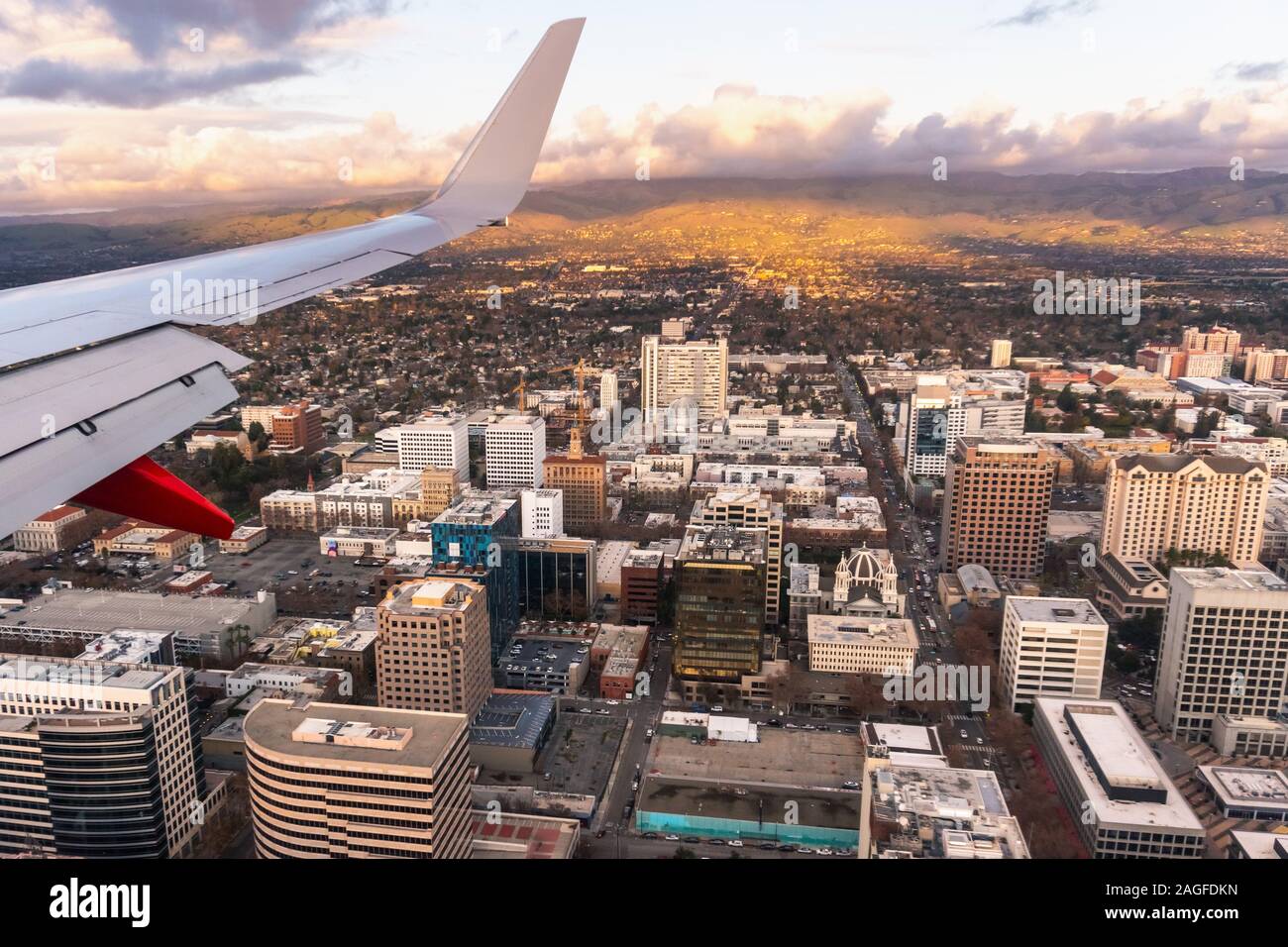 Aerial view of downtown San Jose in the evening; Silicon Valley, South ...