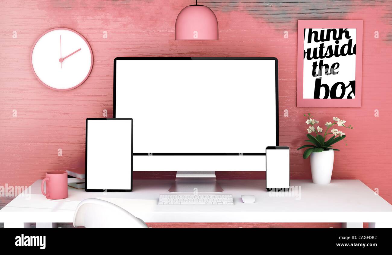 pink studio with responsive devices mock up 3d rendering Stock Photo ...