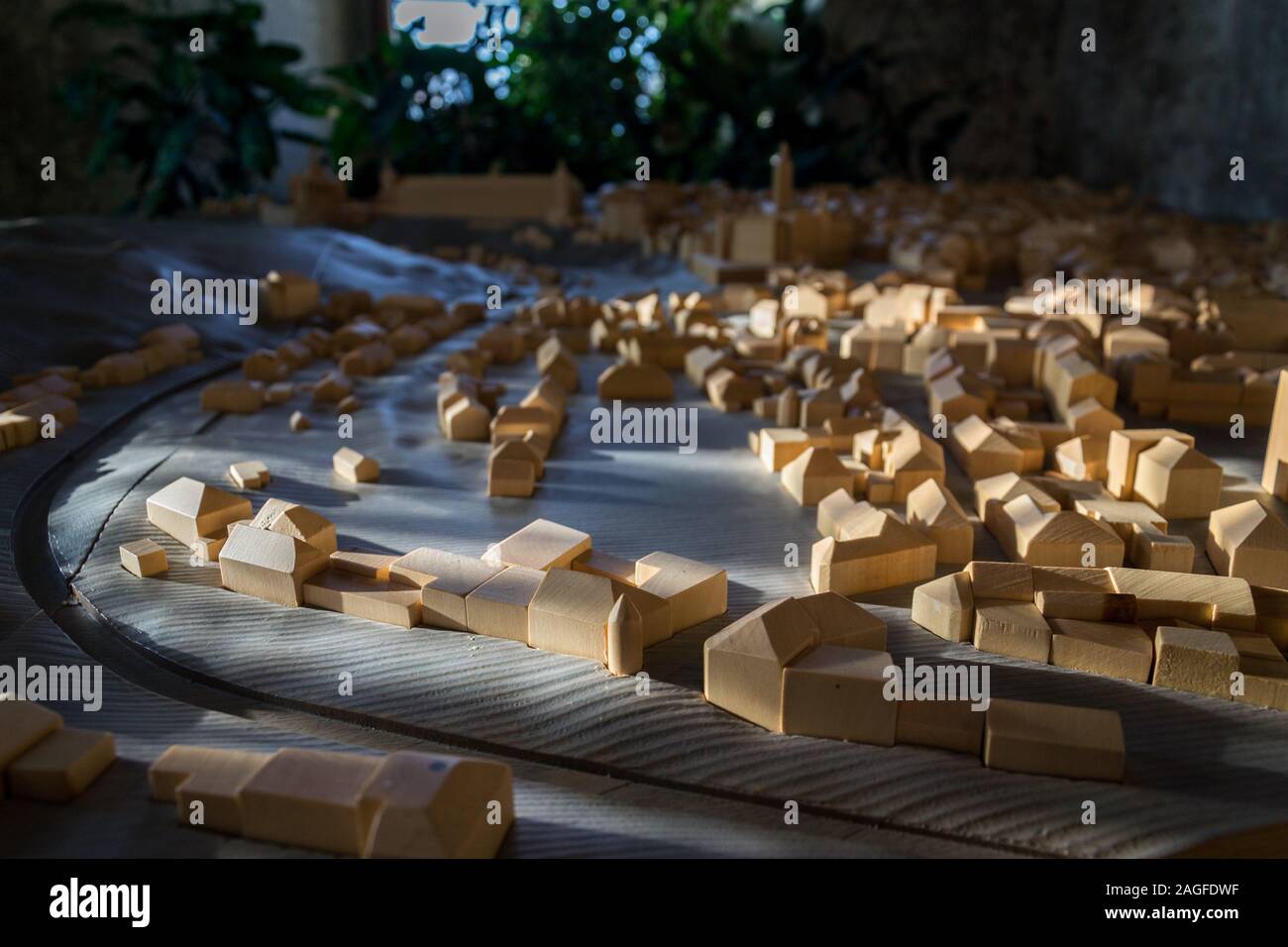 Model of town built from wooden building blocks, housing and urban ...