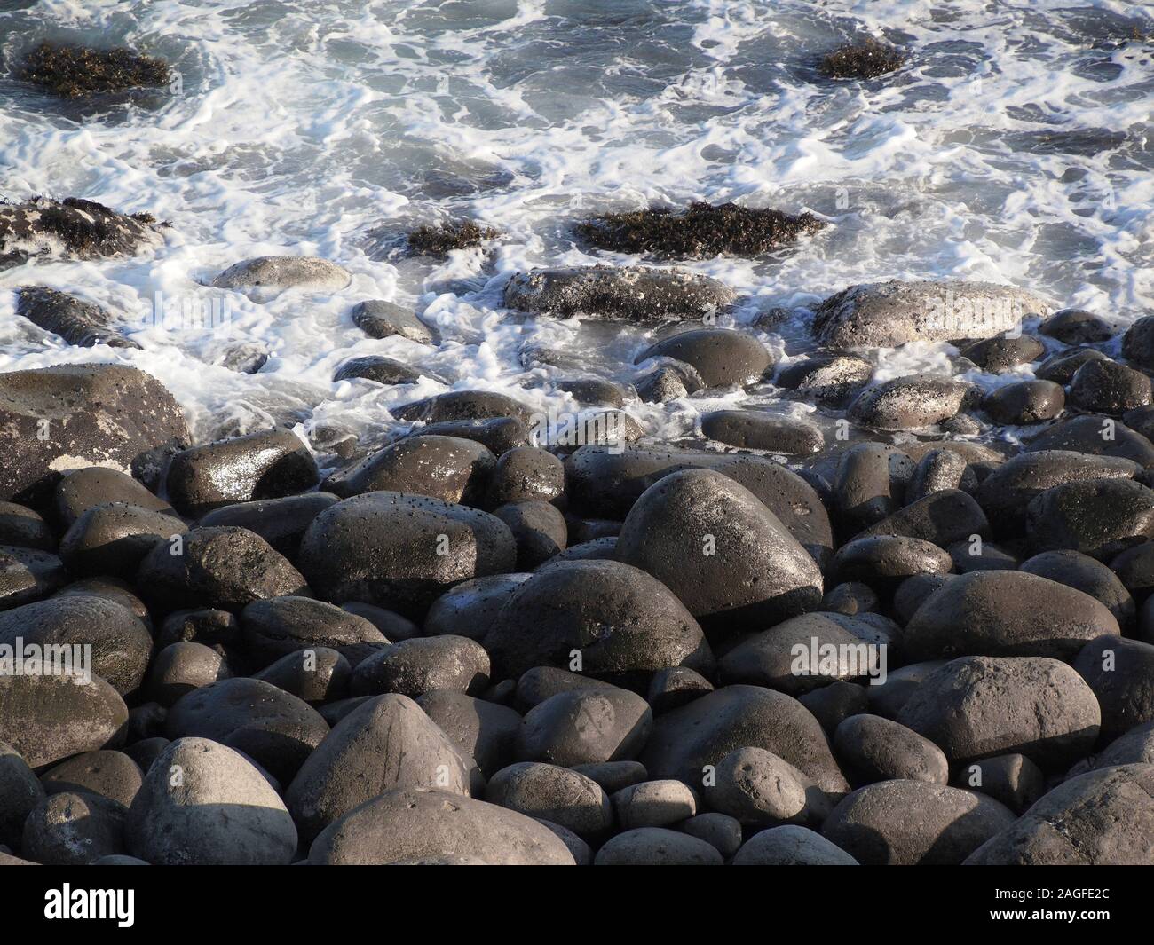 Coastal landscape with lots of large round stones eroded by waves Stock ...