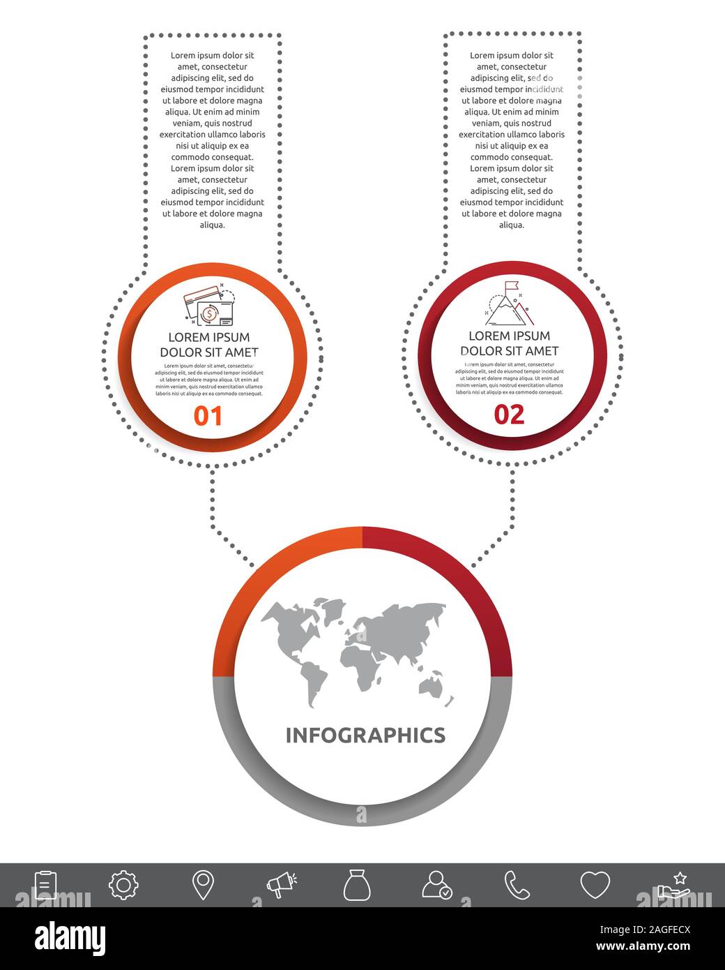 Vector infographic with main circle and 2 labels. Circles with icons ...
