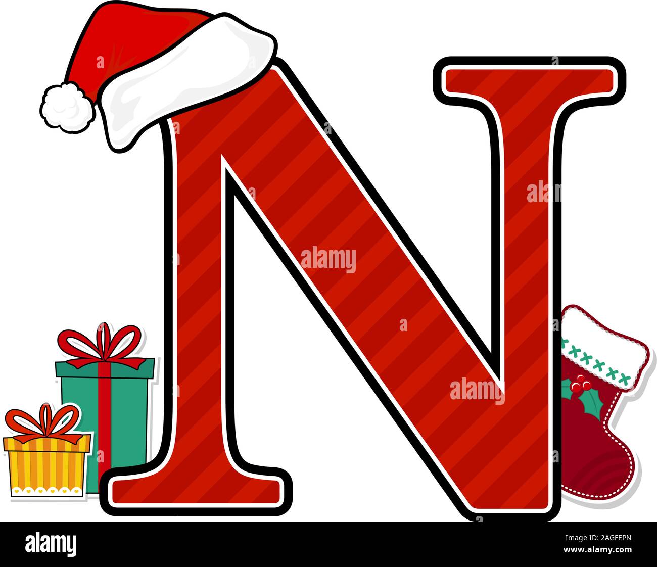 capital letter n with red santa's hat and christmas design elements ...