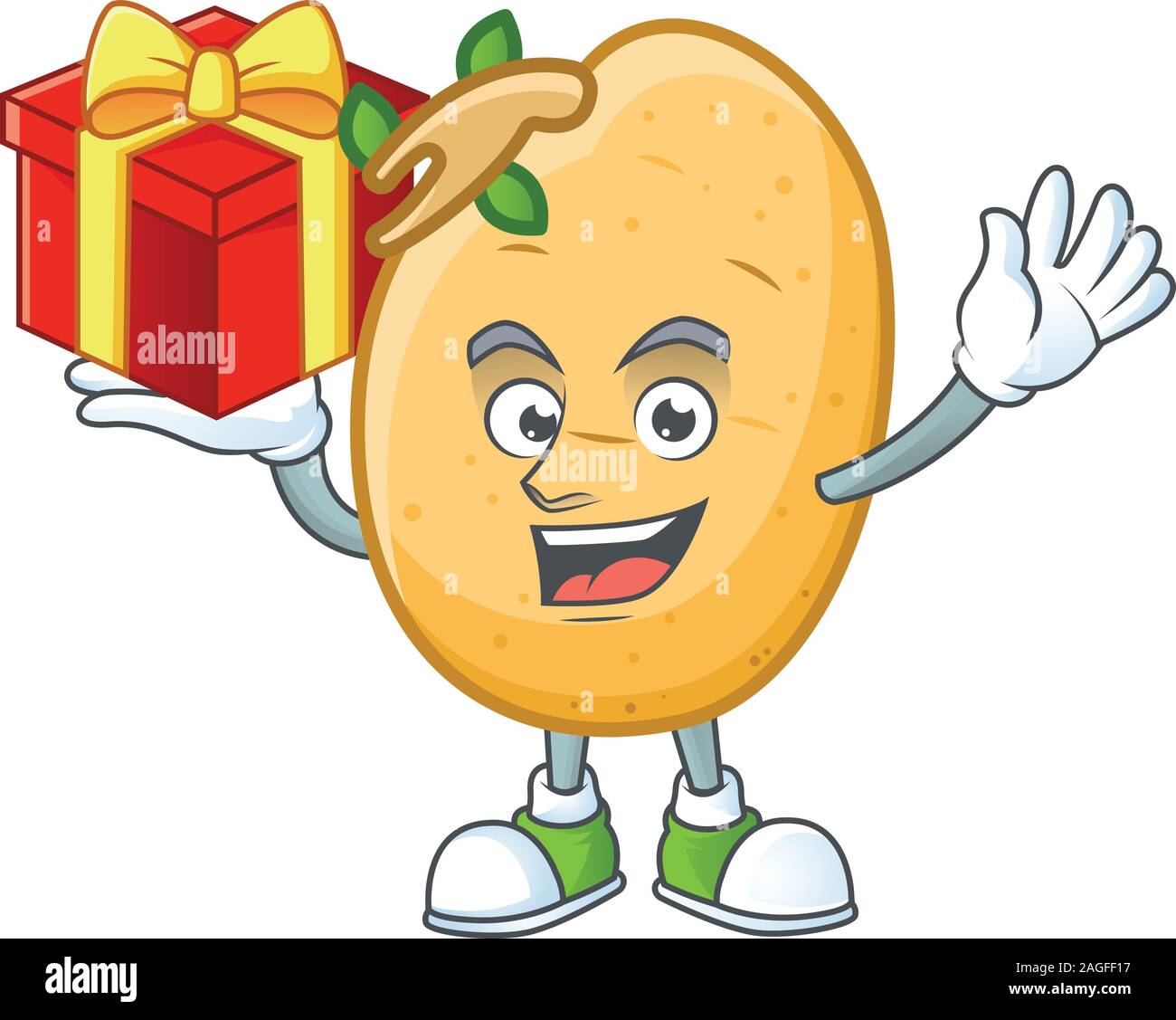 Sprouted potato tuber cartoon character with a box of gift Stock Vector ...