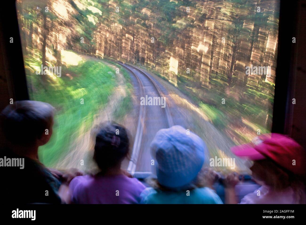 children watching narrow gauge railroad track from rear window of train ...