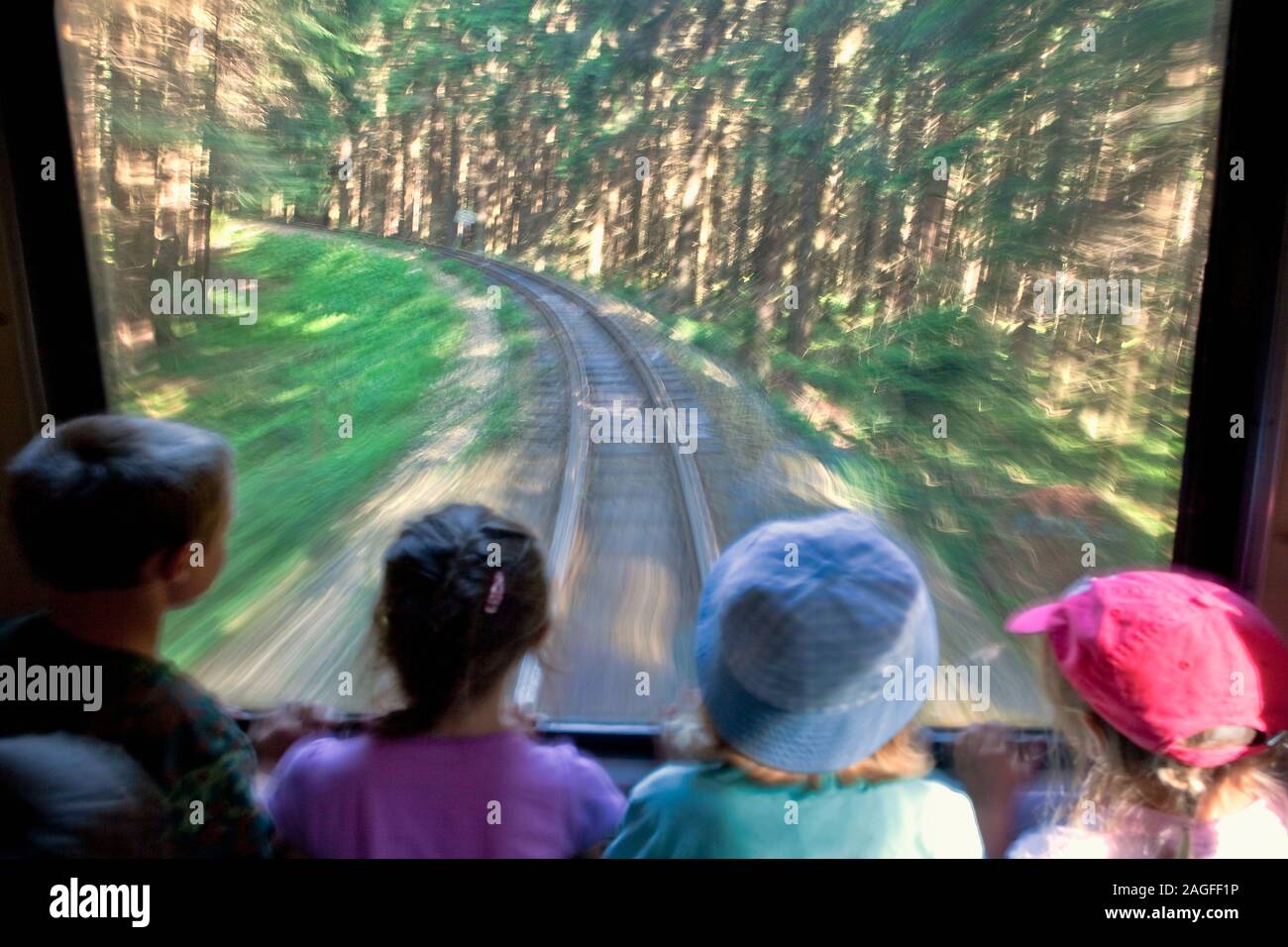 children watching narrow gauge railroad track from rear window of train ...