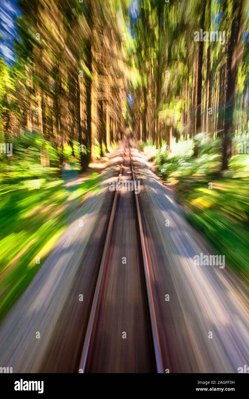 View of narrow gauge railroad track from rear window of train riding ...