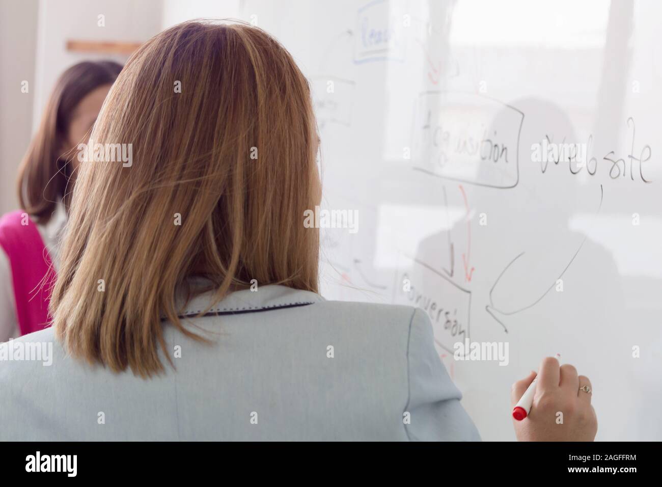 Female attractive professor explain lesson to students and interact ...