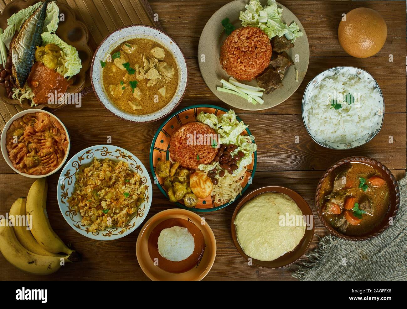 Ghanaian cuisine, Traditional assorted African dishes, Top view Stock ...