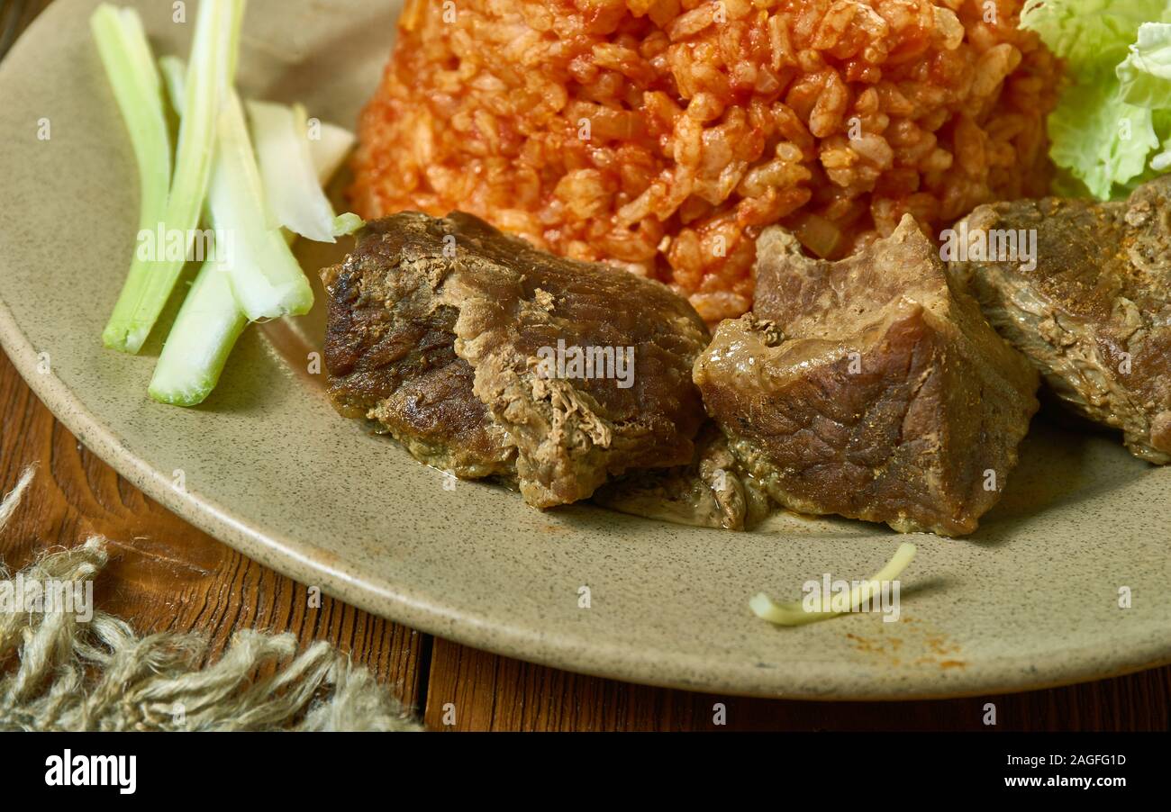 Jollof Rice Beef Kebab , Ghanaian cuisine, Traditional assorted African ...