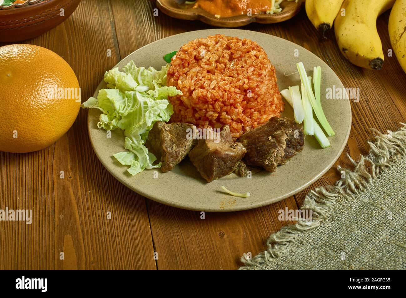 Jollof Rice Beef Kebab , Ghanaian cuisine, Traditional assorted African ...