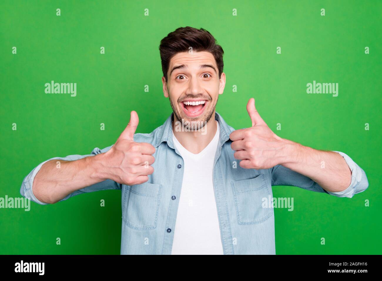 Photo of amazing business guy raising thumbs up approving good job ...