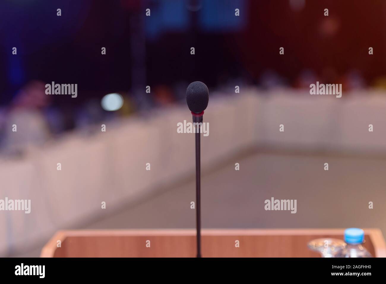 Front view of the microphones during business conference in conference ...