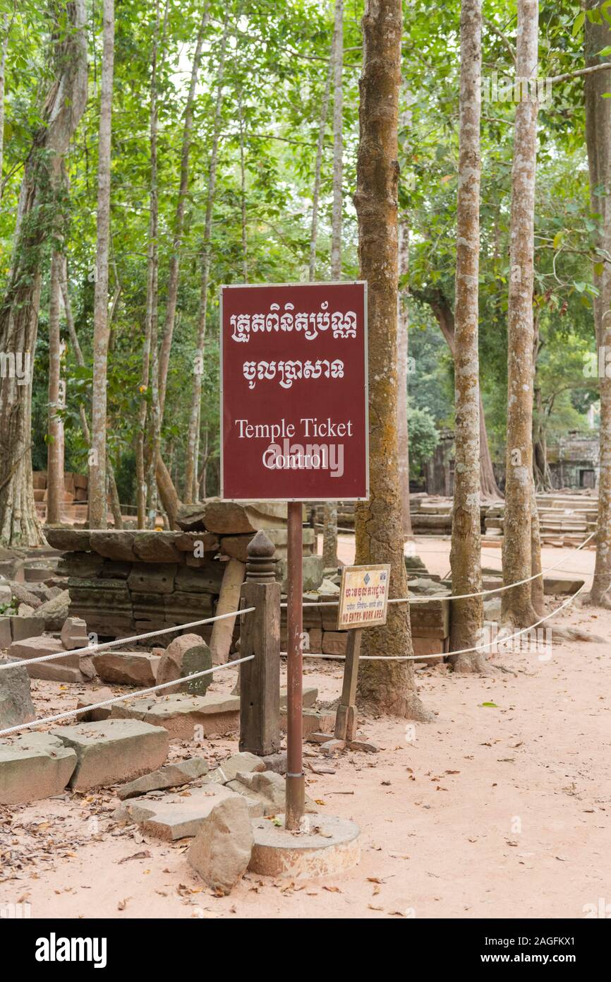 Sign for Temple Ticket Control Ta Prohm Temple also known as Tomb ...