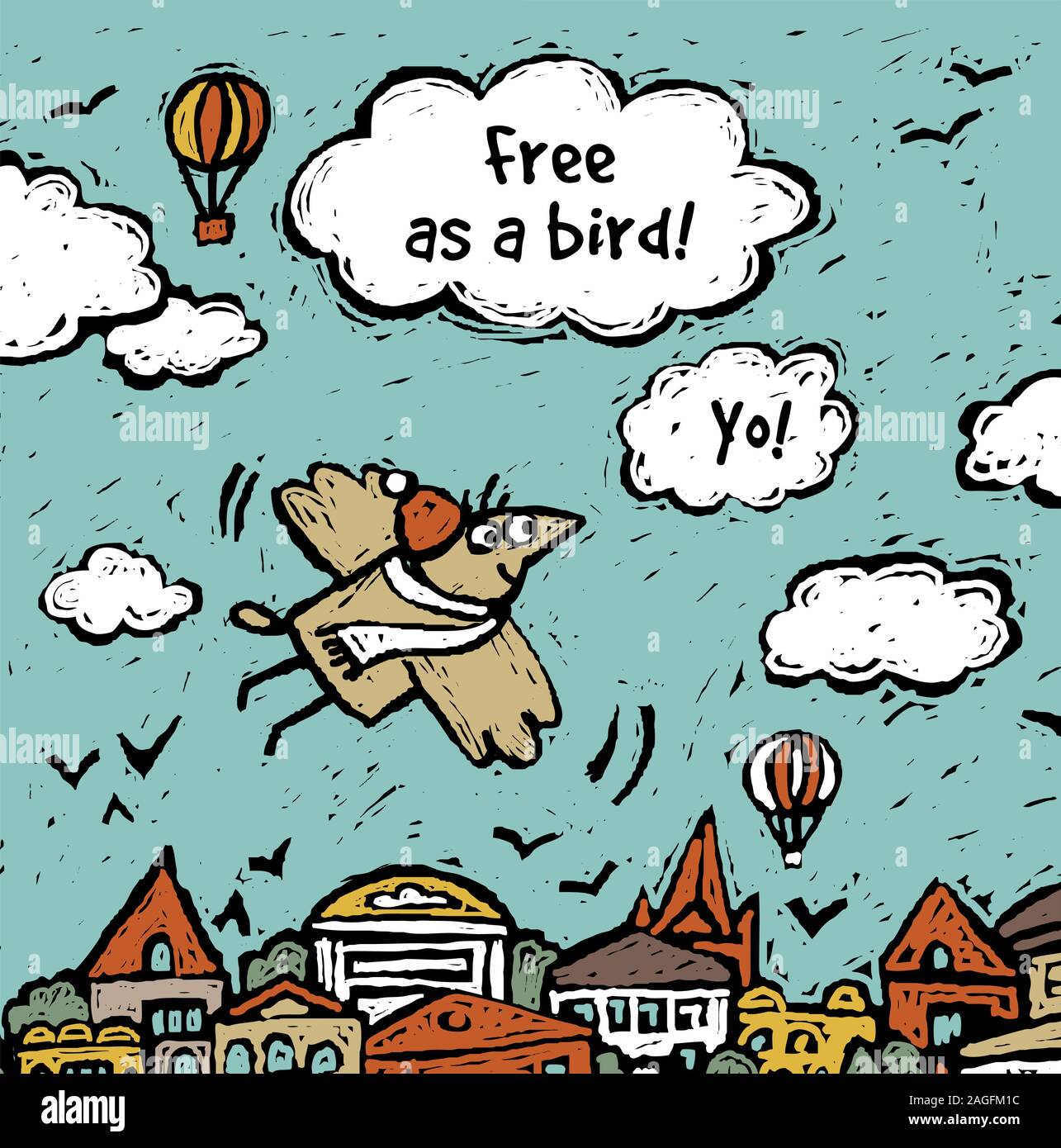 Freedom fly bird and sign sky clouds card or poster. Color vector ...