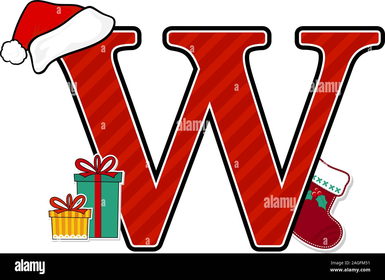 capital letter w with red santa's hat and christmas design elements ...