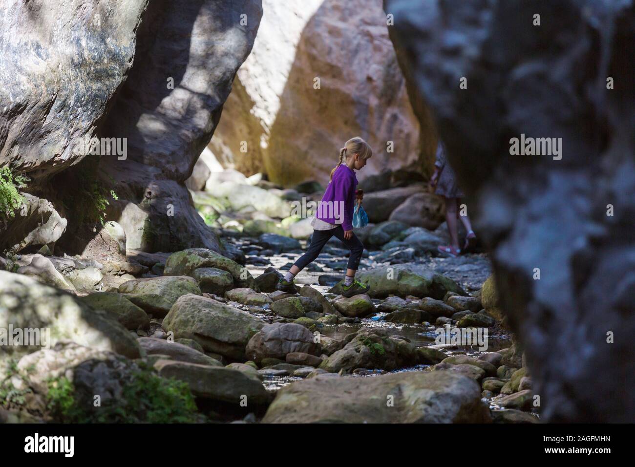 Tourist in Avakas Gorge. Paphos District, Cyprus. Famous small canyon ...