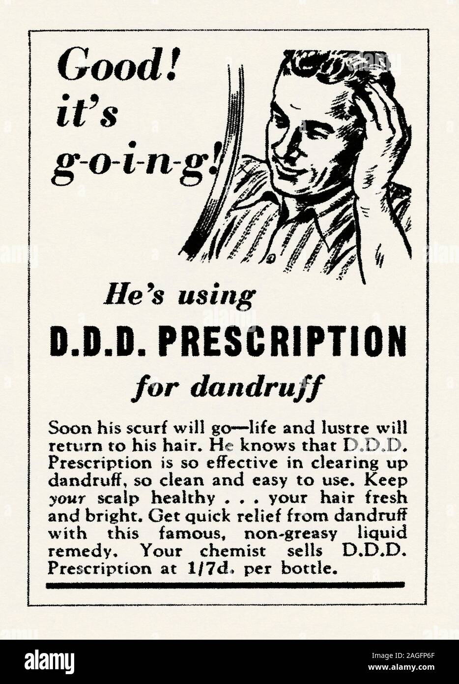 An advert for a DDD Prescription anti-dandruff liquid – it appeared in ...