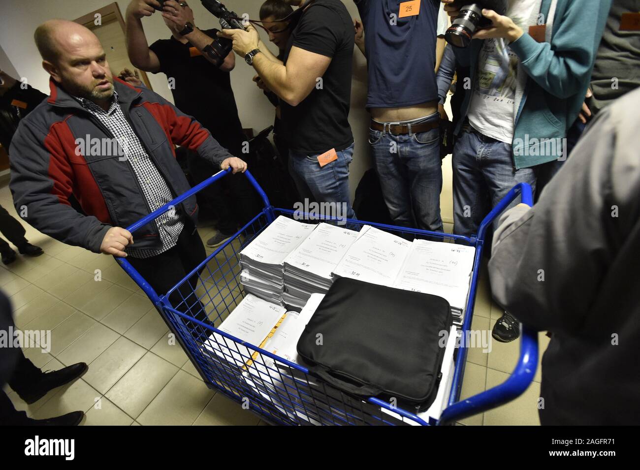 Pezinok, Slovakia. 19th Dec, 2019. Evidence is brought to a courtroom ...