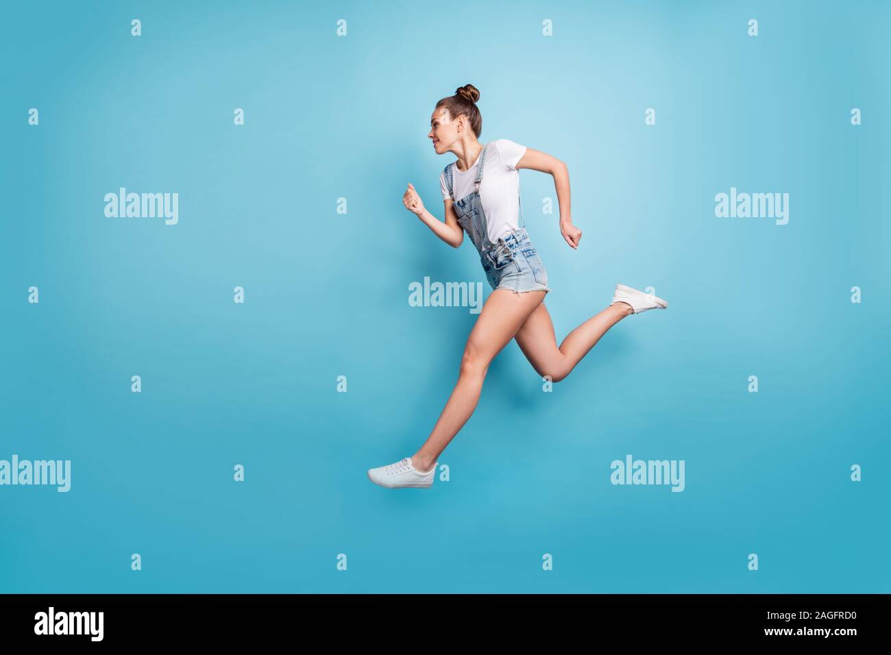 Full length body size photo of quick running girl reaching for some ...