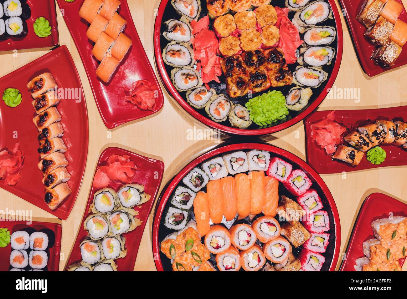 Photo of fresh maki sushi platter with a lot of variety. Selective ...