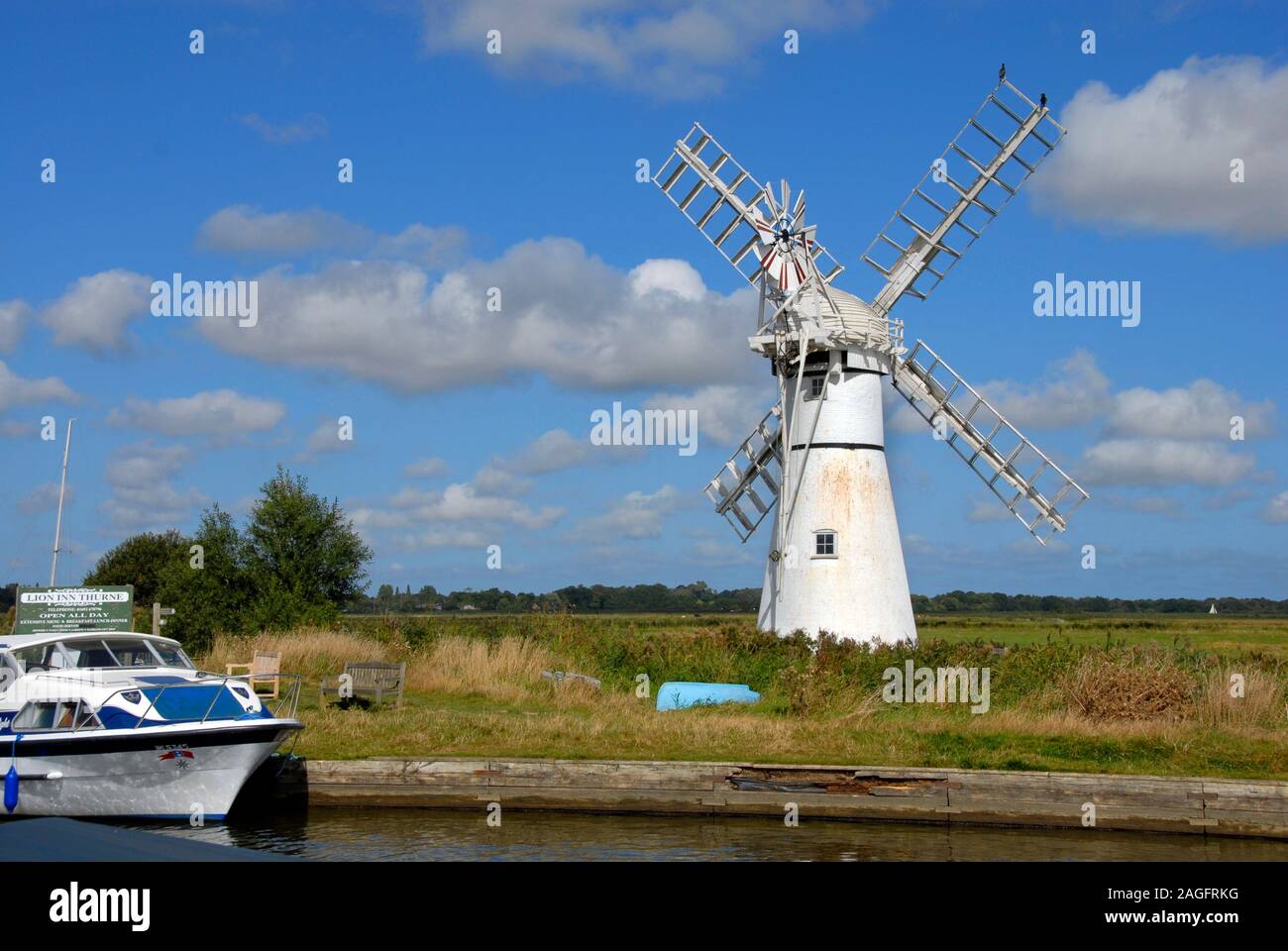 Thurne mill, Norfolk, England, on the bank of the river Thurne, with ...