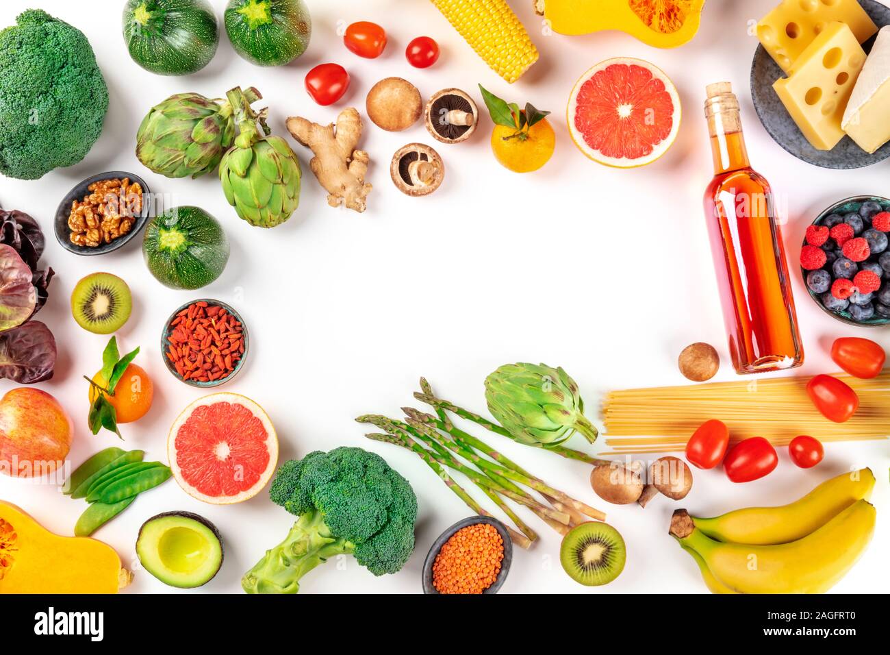 Vegetarian food background, a flat lay of fruits, vegetables, legumes ...