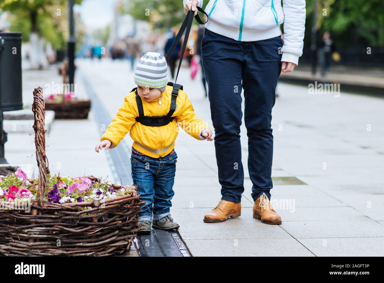 Mothers teach to walk on the road Stock Photo - Alamy