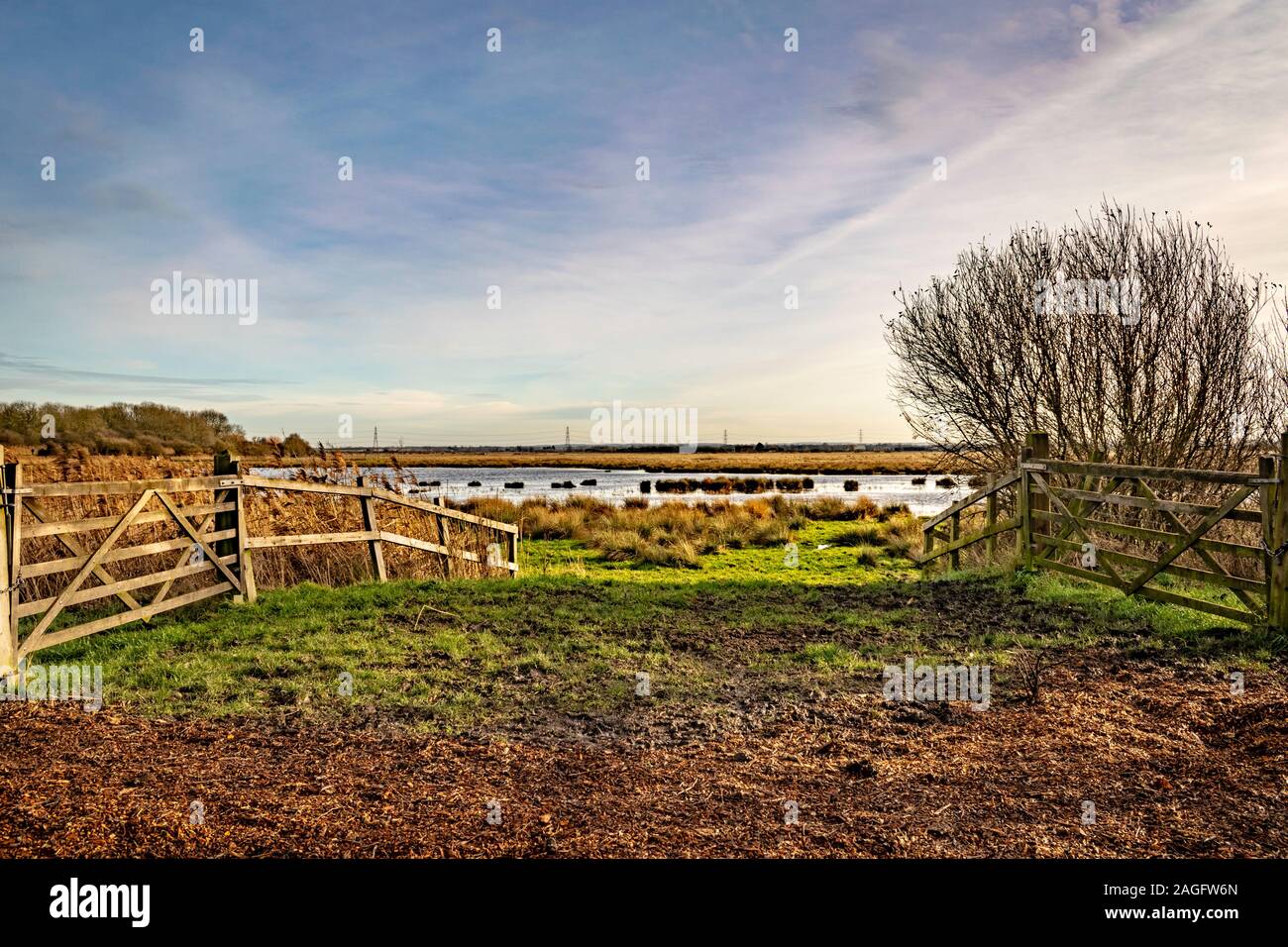 Wooden gates and fence at Wicken fen nature reserve with wetlands in ...